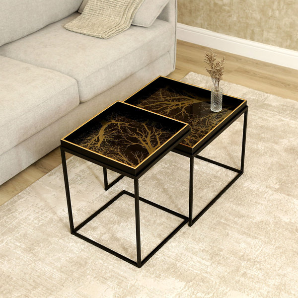 Fairmont Park Ajea Metal Nesting Table for Living Room, Nest of End Table with Modern Glass Top ...